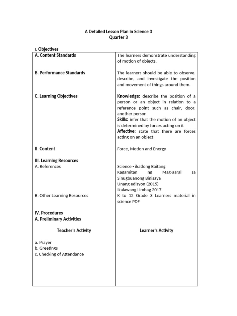 A Detailed Lesson Plan in Science 3 | PDF | Learning | Lesson Plan