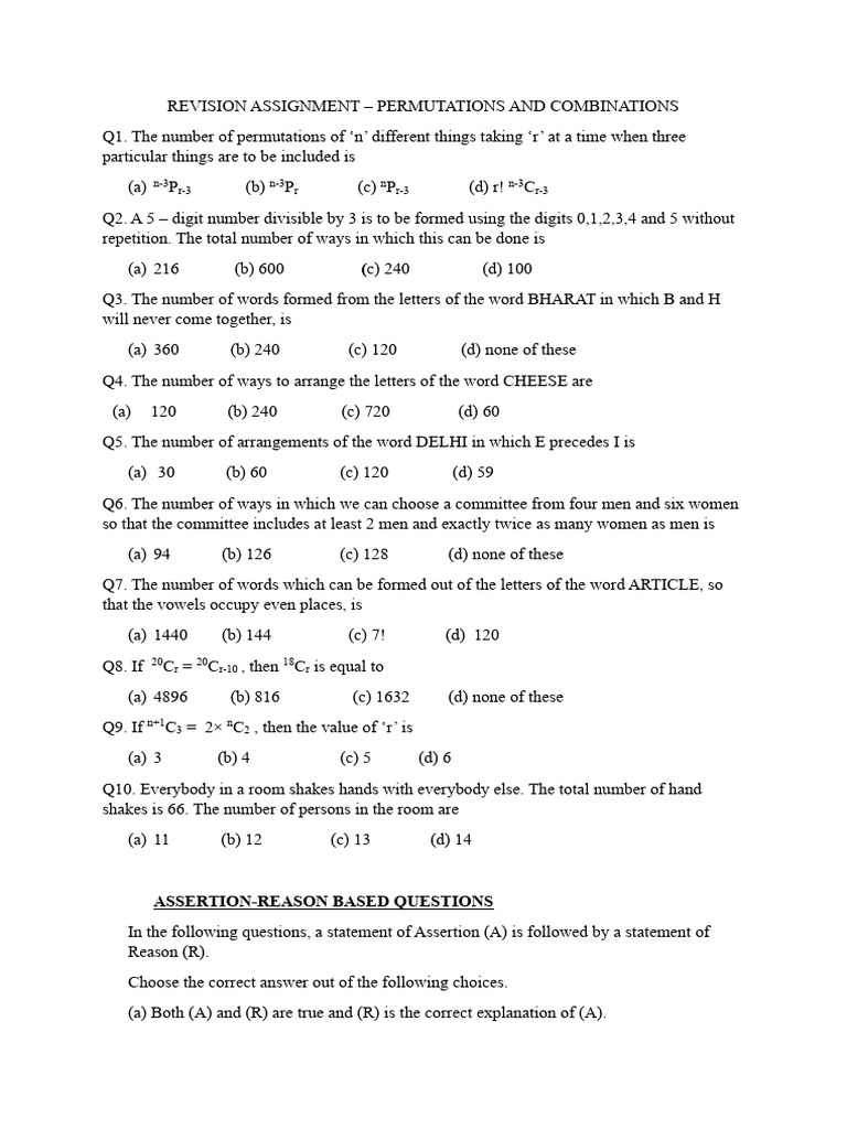 REVISION ASSIGNMENT - Permutations and Combinations | PDF