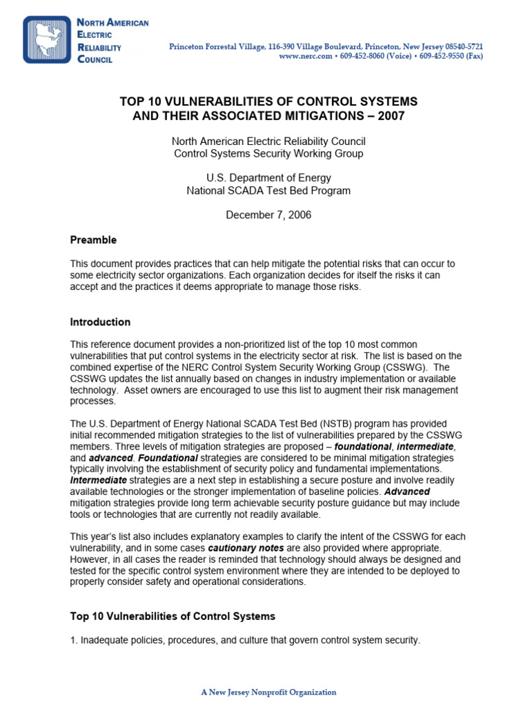 NERC - Top 10 Vulnerabilities of Control Systems and Their Mitigations ...