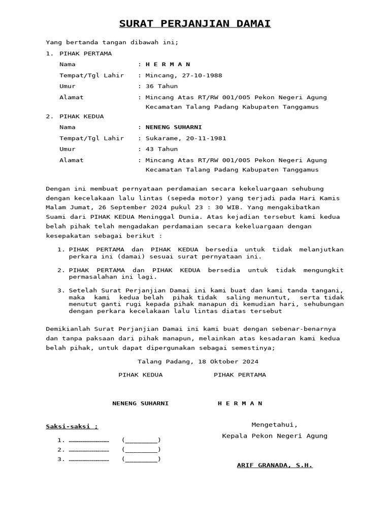 SURAT PERJANJIAN DAMAI LAKA LANTAS | PDF