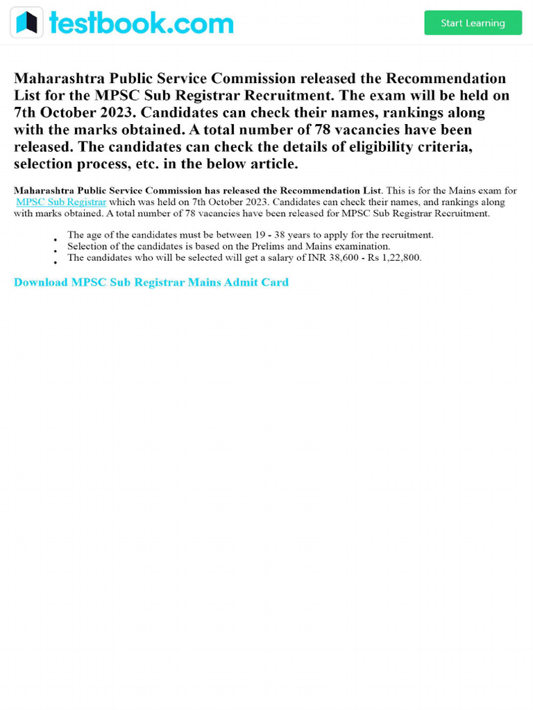 MPSC Sub Registrar RecruitmentExam Info | PDF