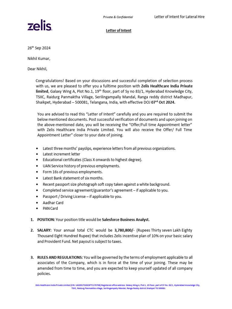 Nikhil Kumar Letter of Intent | PDF