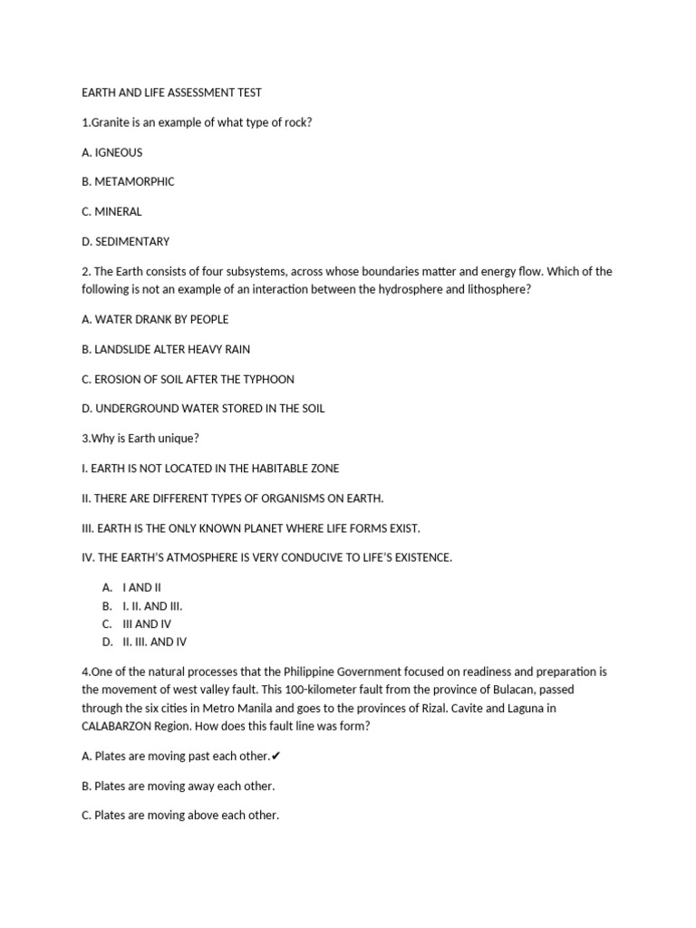 Earth and Life Assessment Quiz | PDF | Earth | Landslide