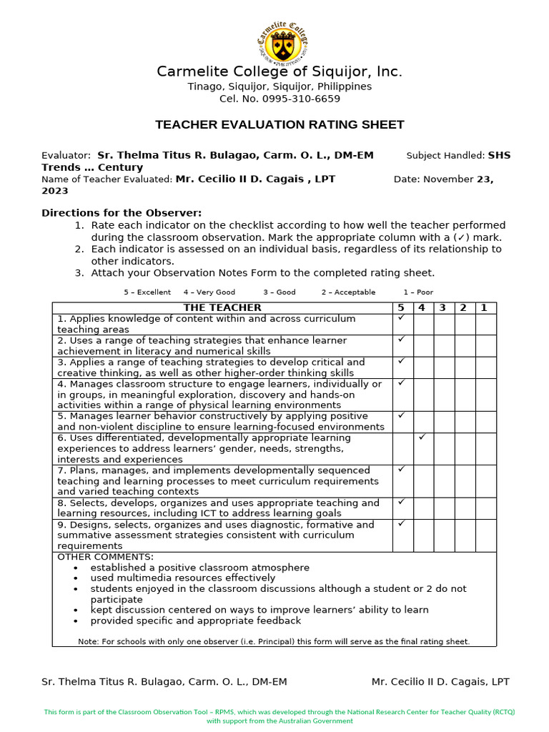 Teacher Evaluation Sheet | PDF | Teachers | Learning