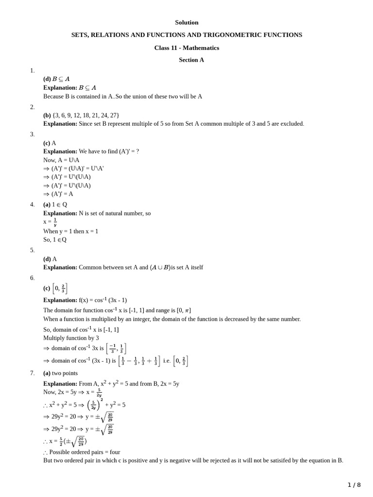 Sets Relations And Functions And Trigonometric Functions Solutions Pdf Function