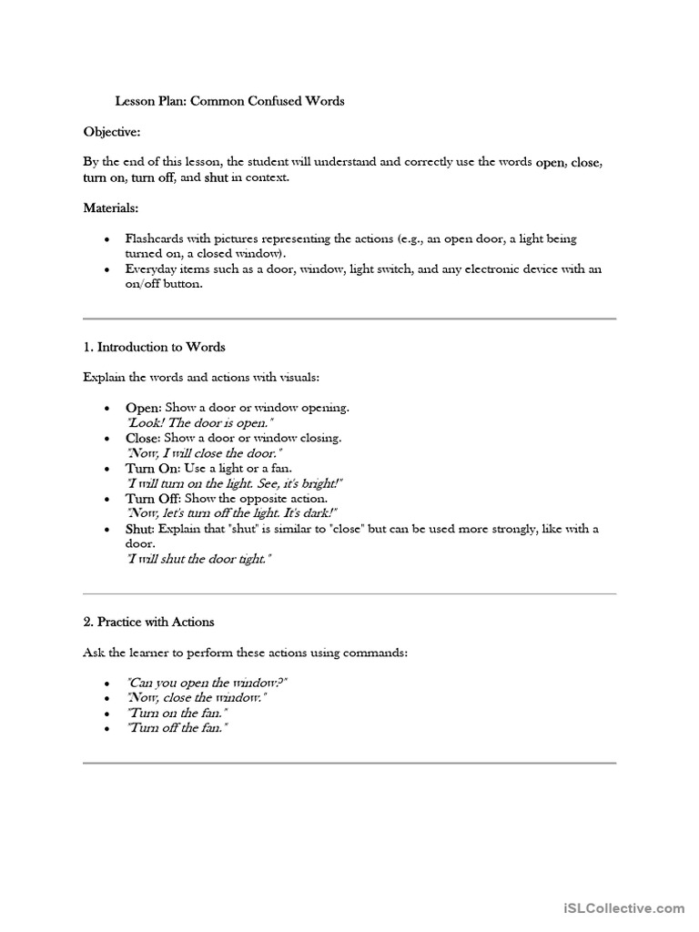 Lesson Plan: Common Confused Actions | PDF | Flashcard | Human ...