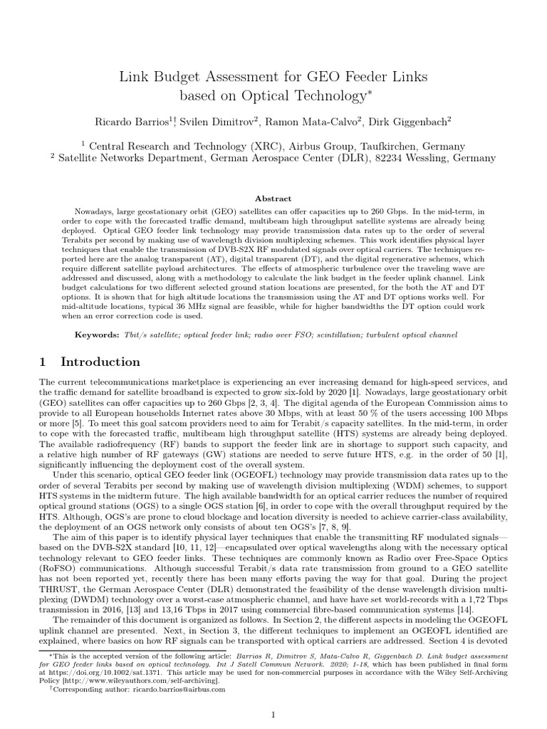 Barrios et al. - 2021 - Link budget assessment for GEO feeder links based | PDF | Wavelength ...