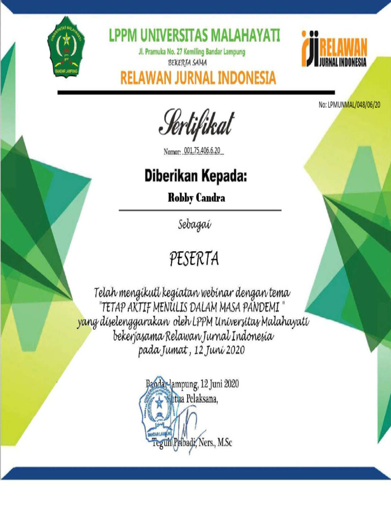 2020 Sertifikat Relawan Jurnal Indonesia | PDF