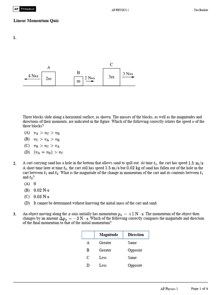 Linear Momentum Quiz Overview | PDF | Momentum | Force