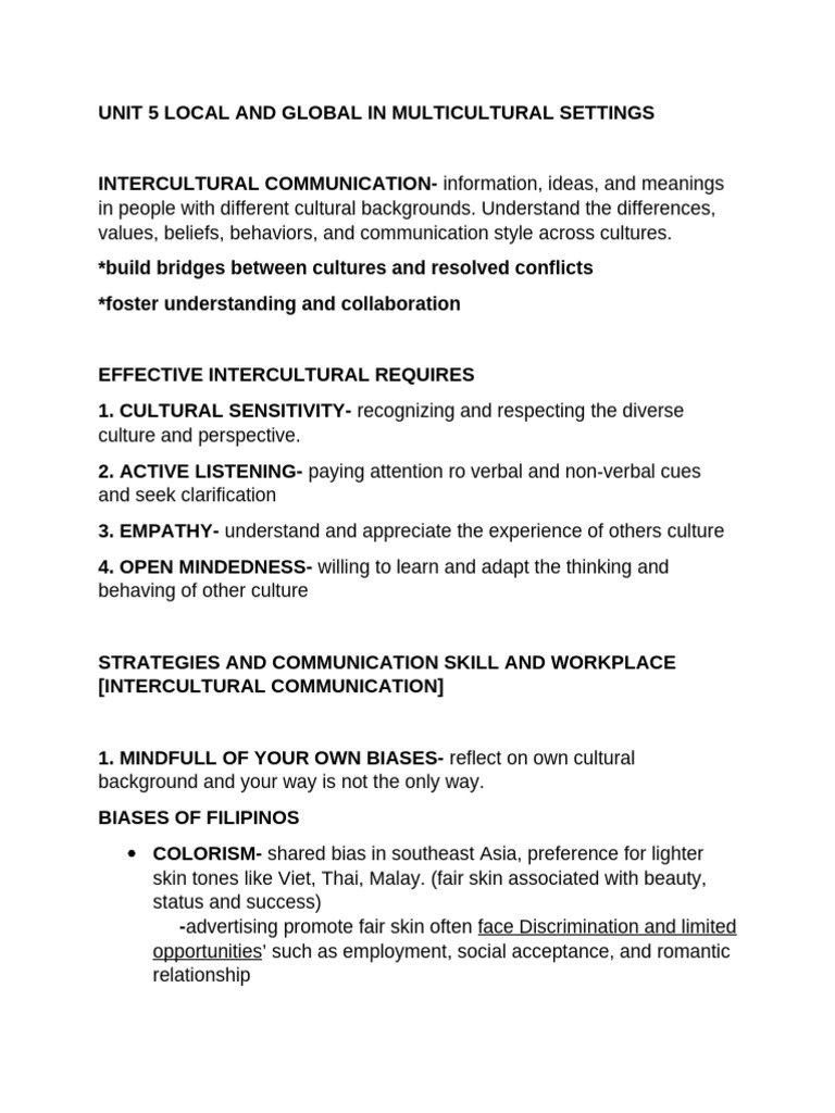 UNIT 5 LOCAL AND GLOBAL IN MULTICULTURAL SETTINGS | PDF | Nonverbal Communication | Communication