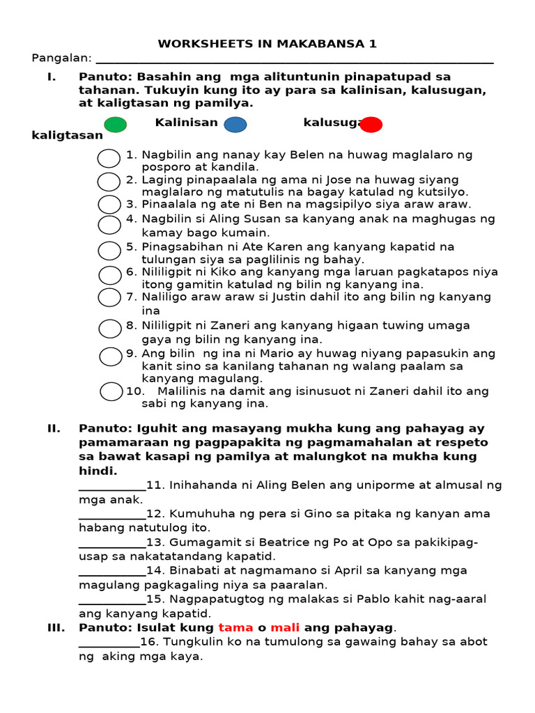 Worksheets in Makabansa I | PDF