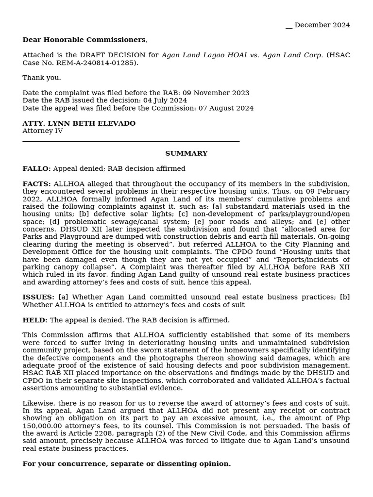 Summary 2D_Agan Land Lagao HOAI vs. Agan Land Corp. | PDF | Lawsuit ...