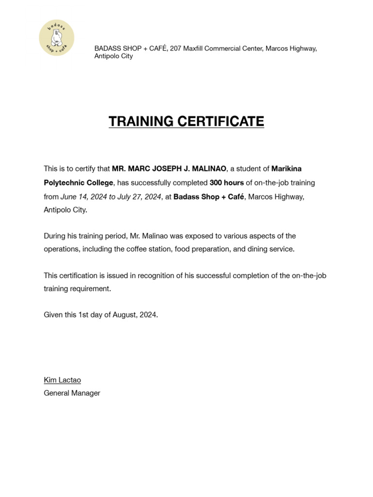 Badass Café Training Certificates 2024 | PDF