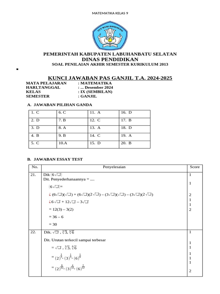 3.b. Kunci Jawaban Pas Mtk Kls 9 Sem Ganjil k13 2024-2025 - Sahat Tua Gultom | PDF