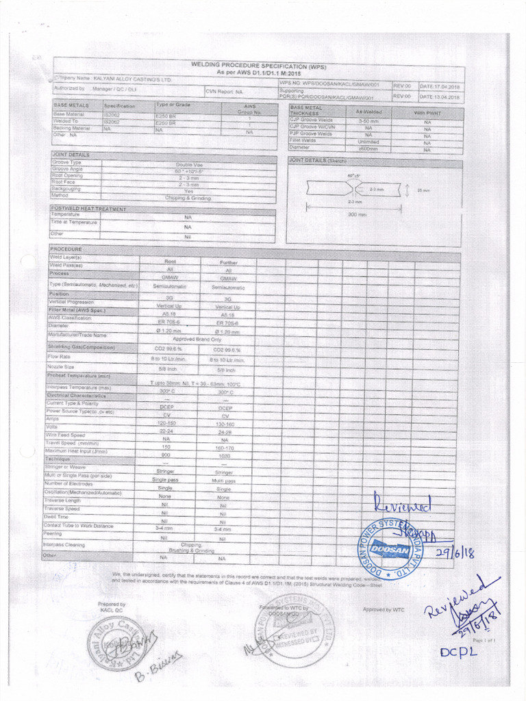 Wps Doosan Kacl Gmaw 001 Rev.0 | PDF