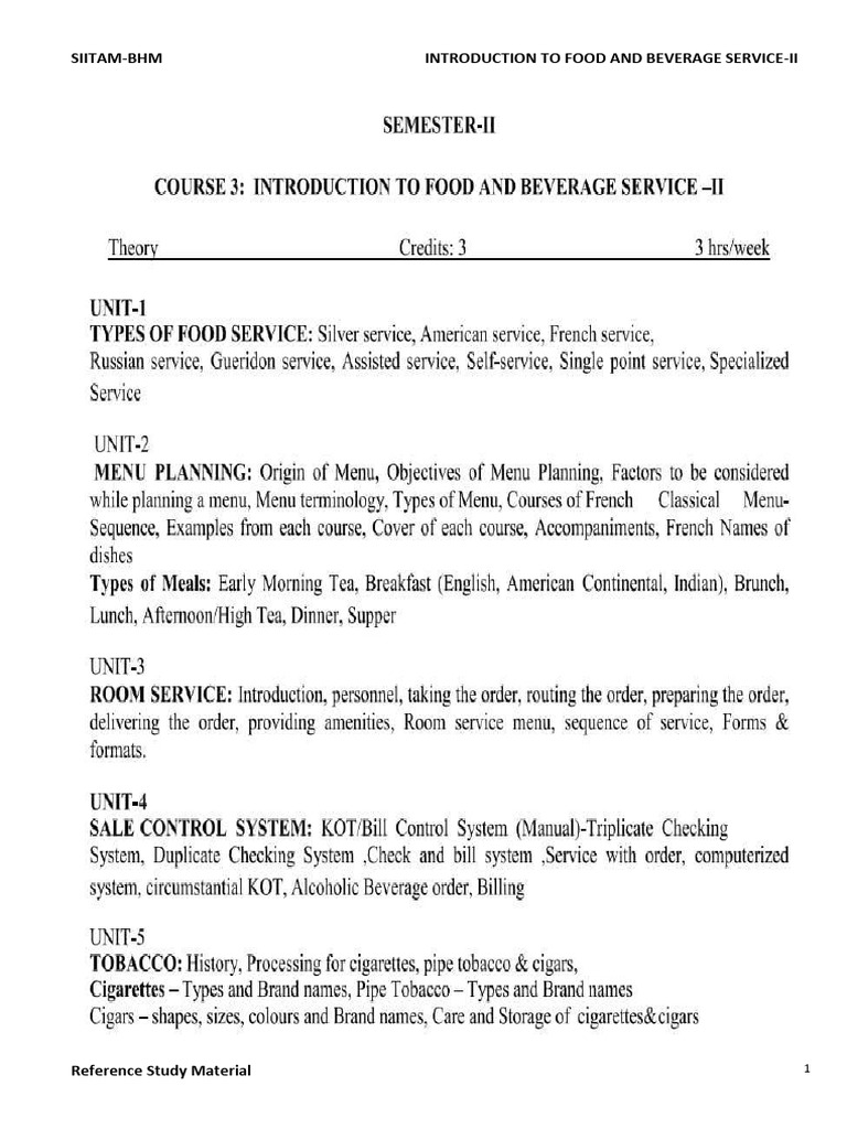 Bhm Sem 2 Fbs Notes (1) | PDF | Restaurants | Meal