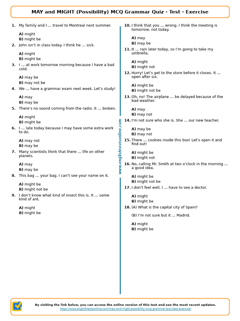 745 May and Might Possibility MCQ Grammar Quiz Test Exercise | PDF ...