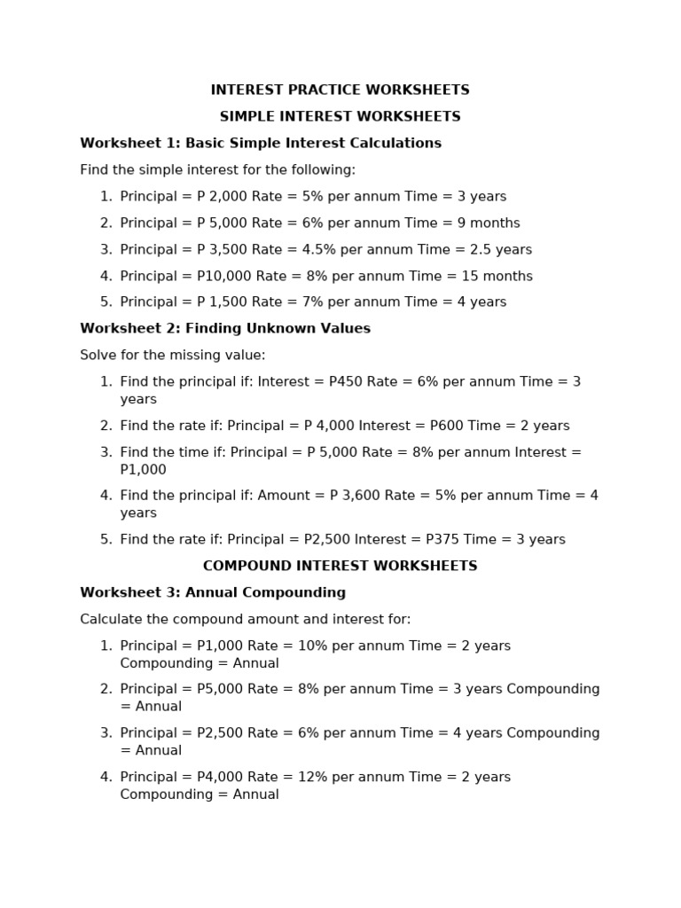 INTEREST and COMPOUND WORKSHEETS | PDF
