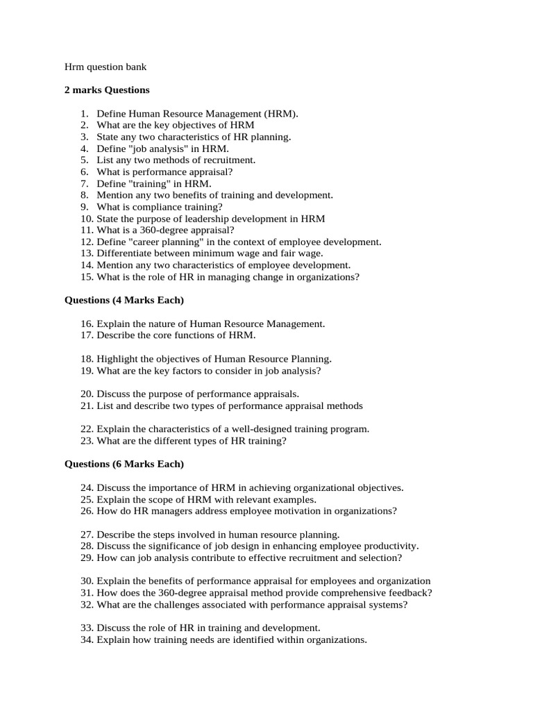 Question Bank | PDF | Human Resource Management | Performance Appraisal