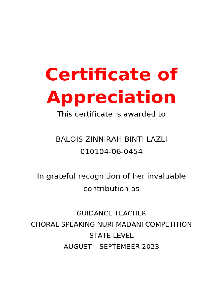 Certificate of Appreciation for Balqis Zinnirah | PDF