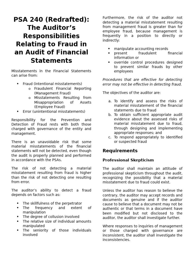 PSA 240 | PDF | Audit | Internal Control