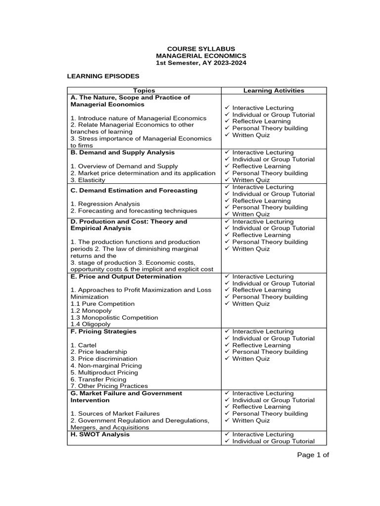 Managerial Economics Course Syllabus | PDF | Economics | Monopoly