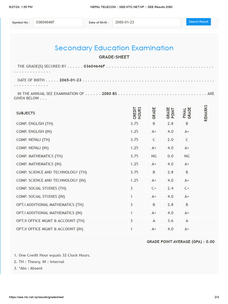 Nepal Telecom - See - Ntc.net - NP - See Results 2080 | PDF | Student ...