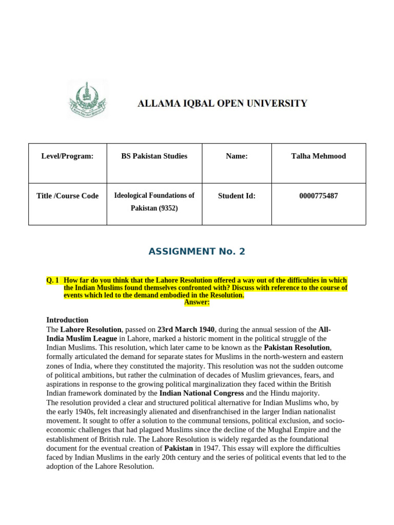 Assignment 2 (9352) | PDF | Partition Of India | All India Muslim League Assignment 2 (9352) | PDF | Partition Of India | All India Muslim League