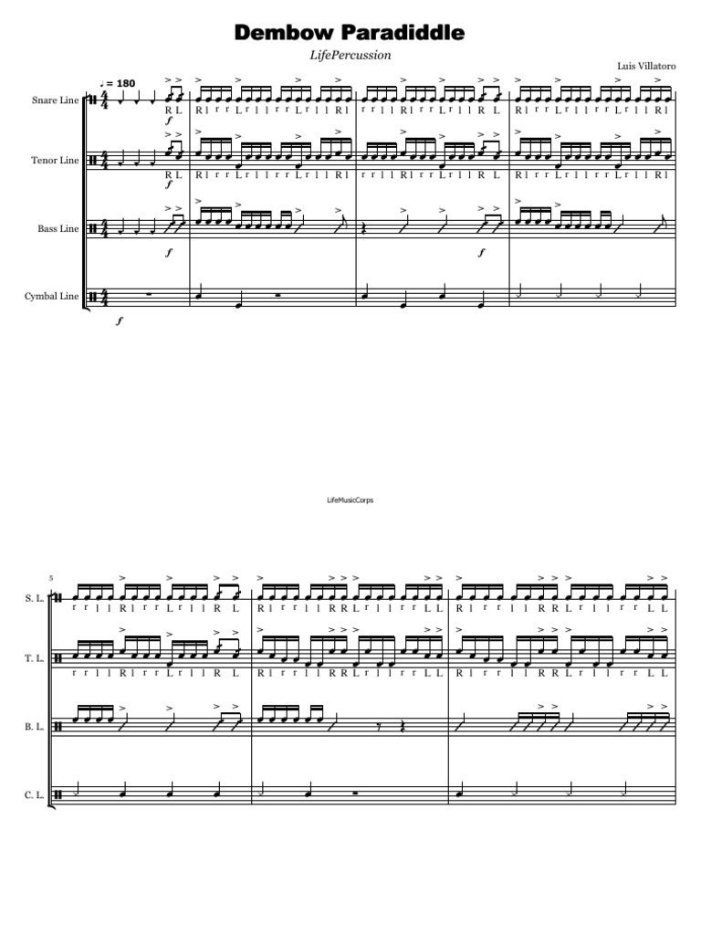 Dembow Paradiddle-Partitura y Partes | PDF | Drumming | Rhythm And Meter