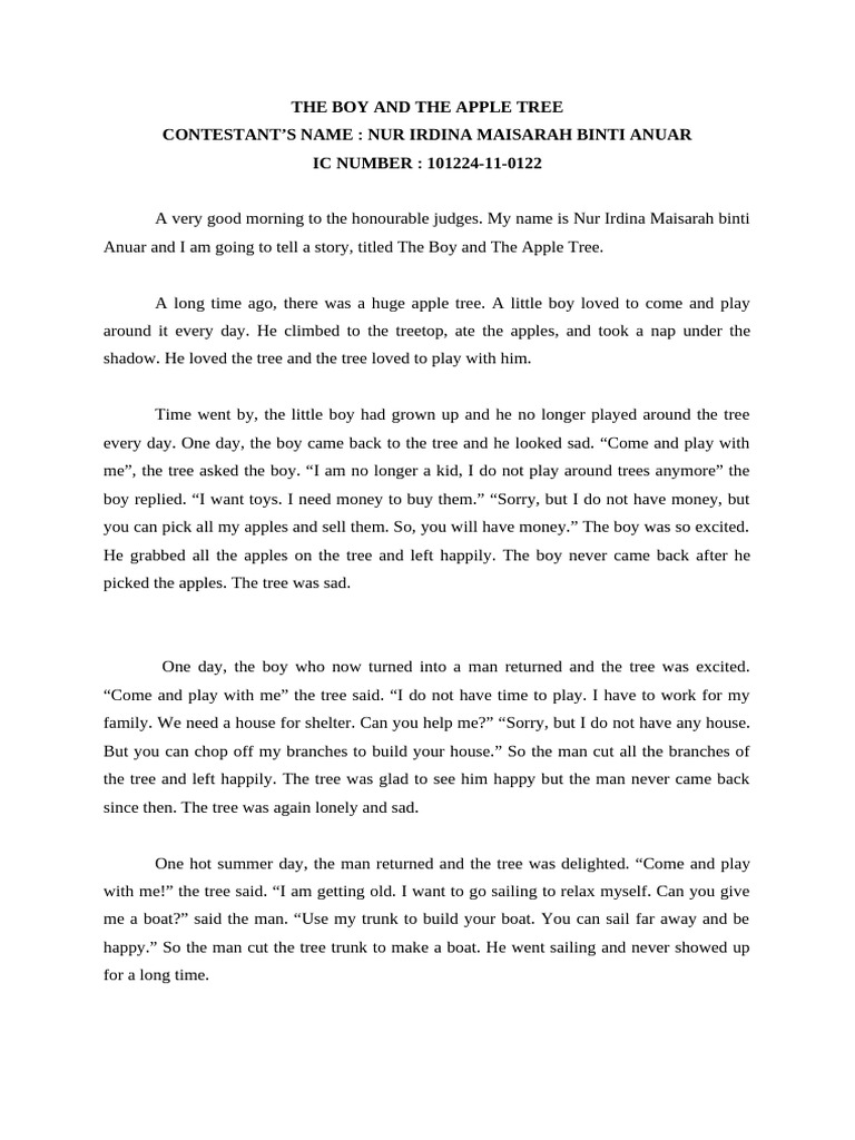 The Boy and the Apple Tree Story | PDF