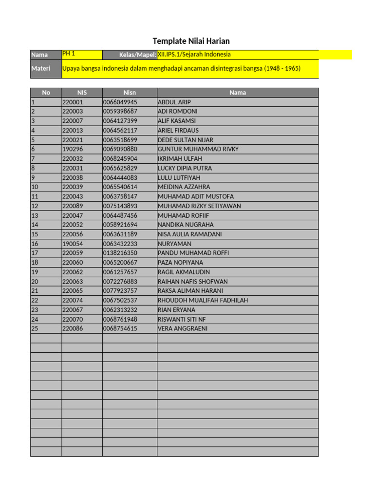 Template Nilai Harian-XII.IPS.1-Sejarah Indonesia | PDF