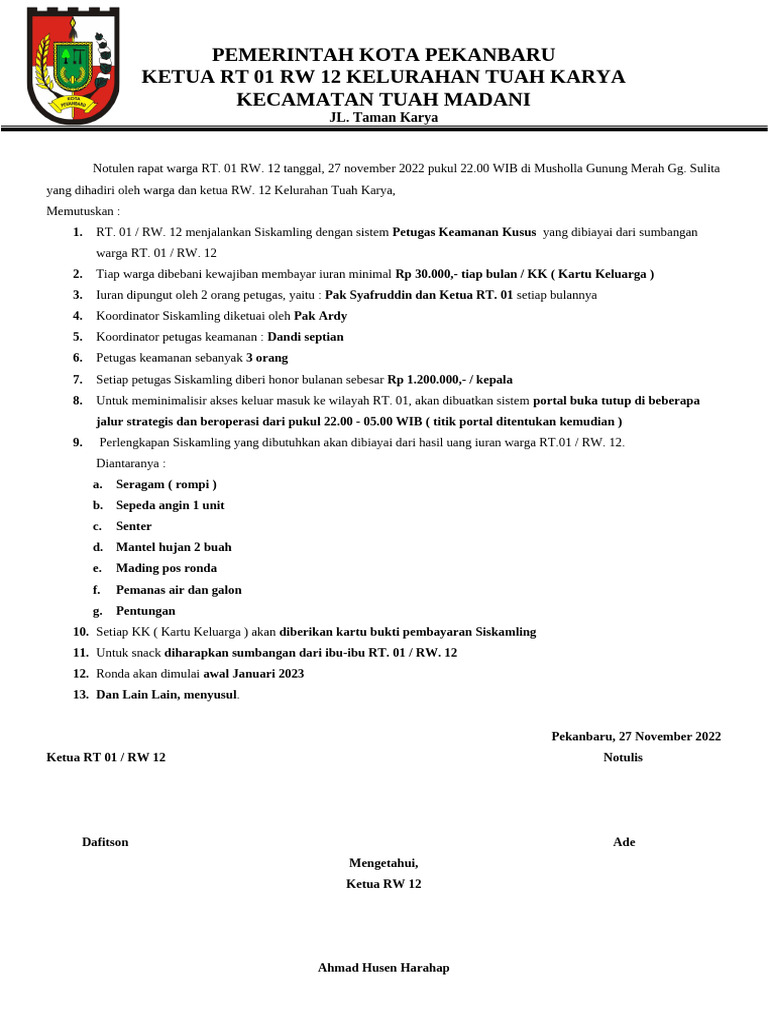 Notulen Rapat Warga RT 01 | PDF