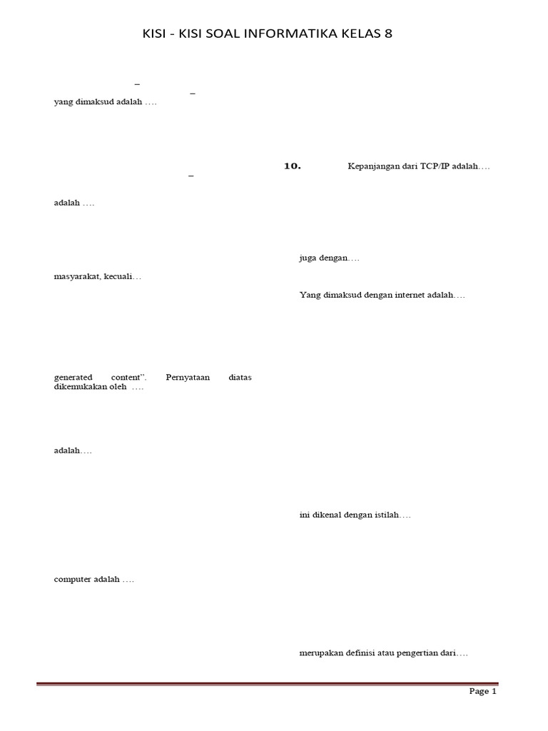 KISI-KISI SOAL INFORMATIKA KELAS 8I-8K | PDF