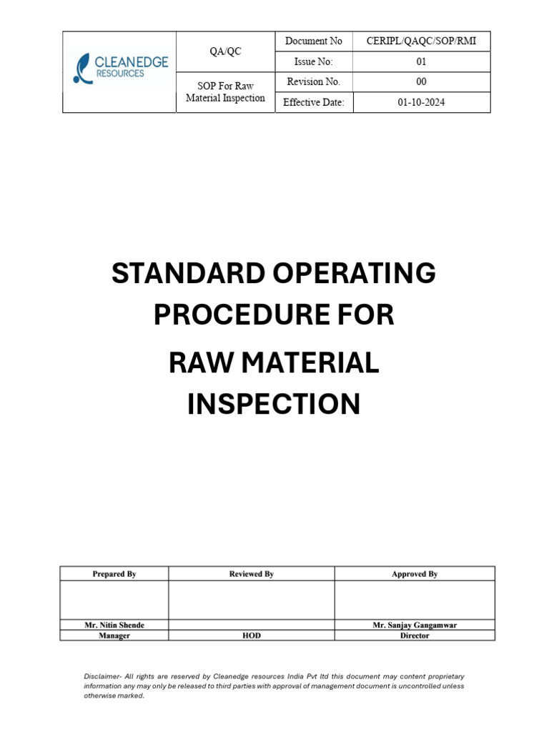 SOP For Raw Material Inspection | PDF | Specification (Technical Standard) | Quality Assurance