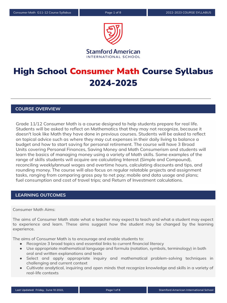 Consumer Math Course Syllabus 2024-2025 | PDF | Educational Assessment ...
