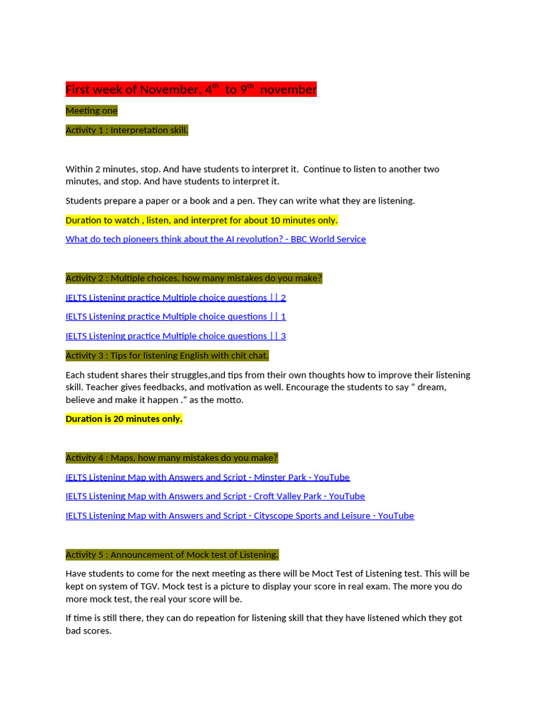 Listening & Writing - Chart - November | PDF