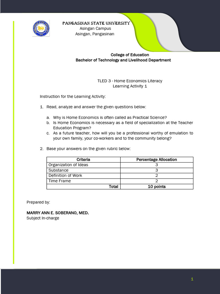 Home Economics Literacy Activity Guide | PDF