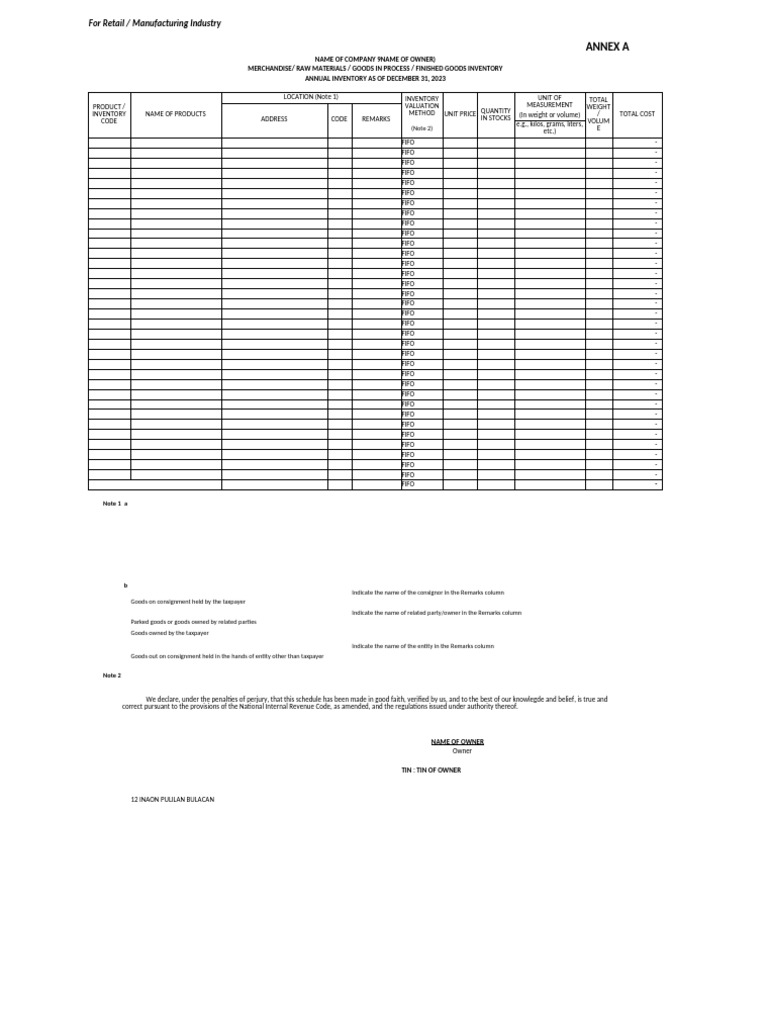BIR Annual Inventory List Template | PDF | Inventory | Economies