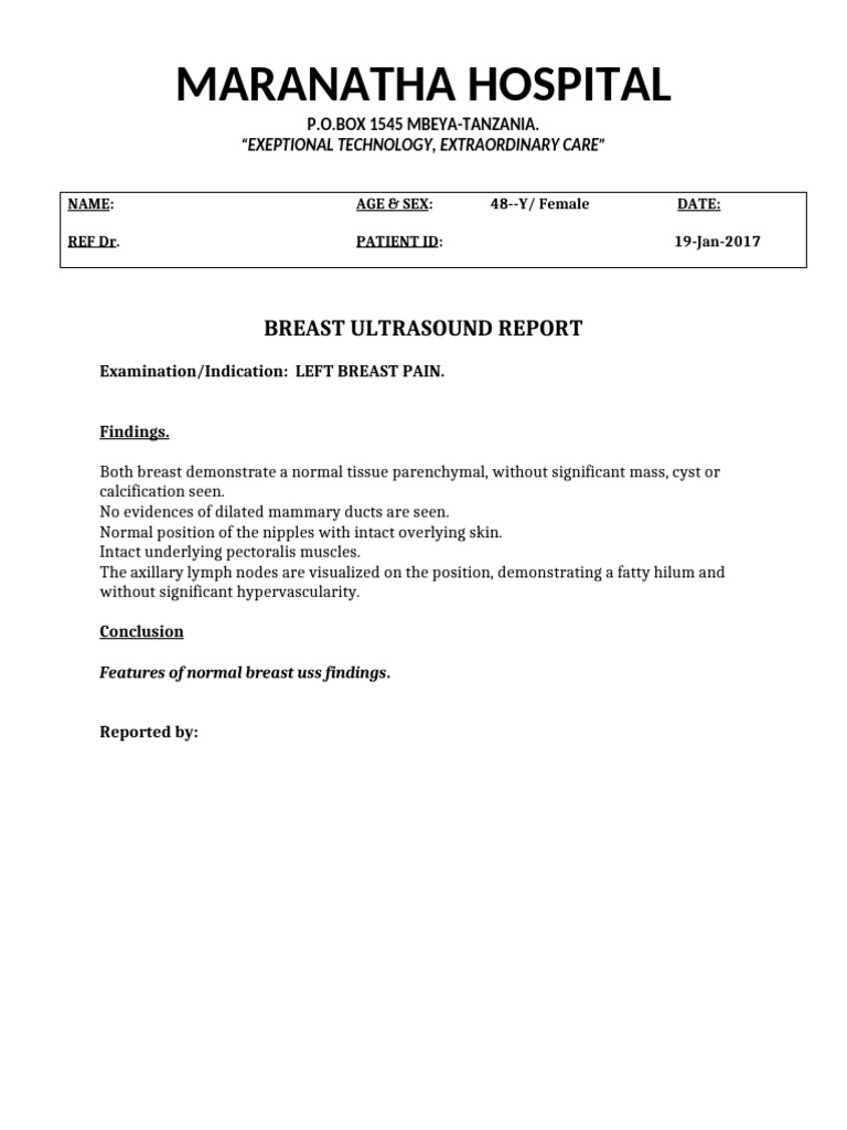 Breast Ultrasound Report - Normal Findings | PDF