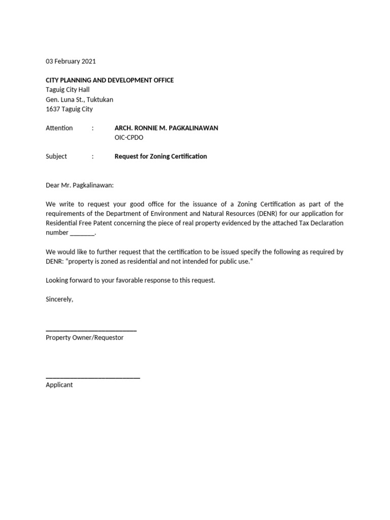 Request for Zoning Certification Letter | PDF