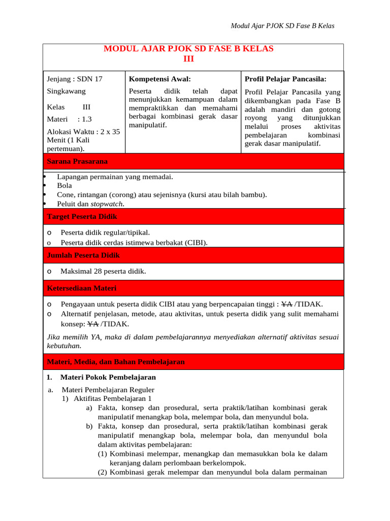 003 - PJOK - SD - Fase B - Kelas 3 - Kombinasi Genak Monulatif YONAS | PDF