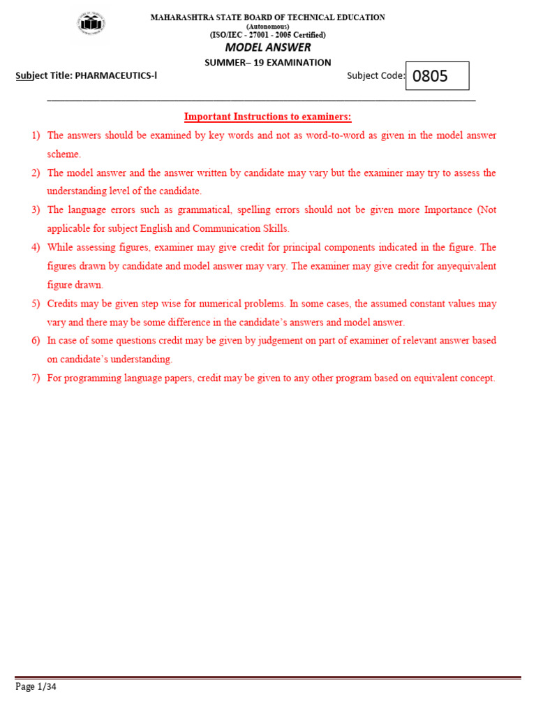 0805-Model-Answer-Paper-Summer-2019 | PDF | Tablet (Pharmacy ...