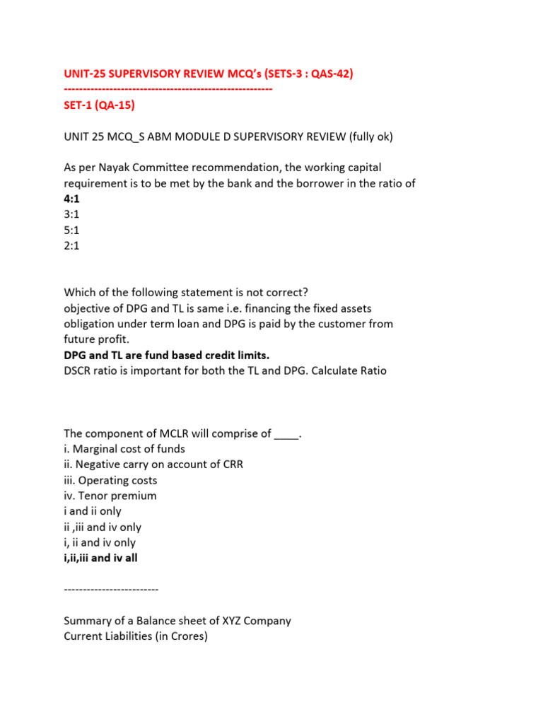 CAIIB ABM MODULE-D (Unit-25) (Set-1 To 3) S-2 | PDF | Working Capital ...