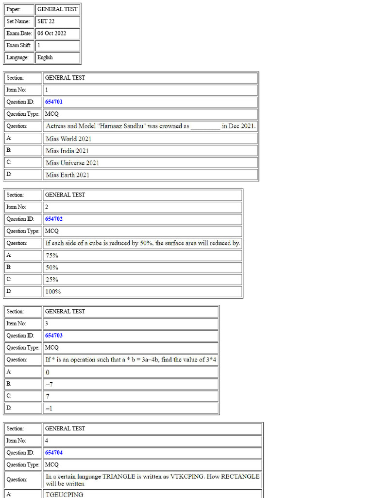 Paper Cuet Gt 2022 | PDF | Multiple Choice | Student Assessment And ...