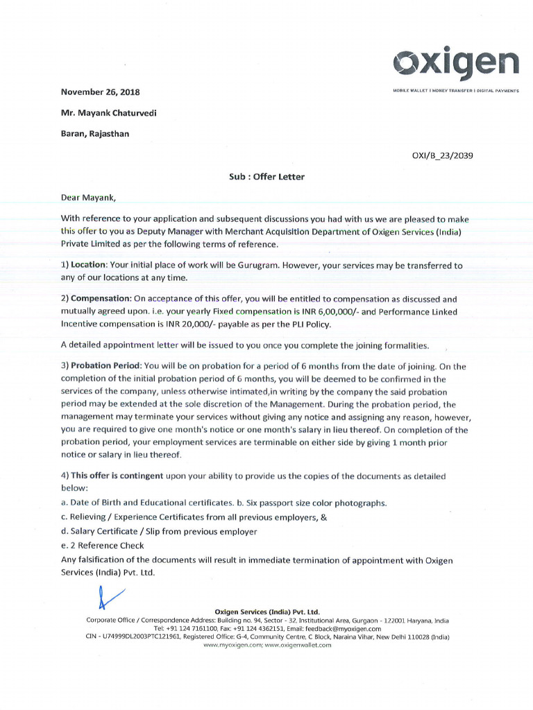 Offer Letter Oxigen | PDF