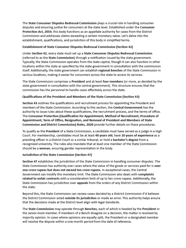 The State Consumer Disputes Redressal Commission Plays A Crucial Role ...