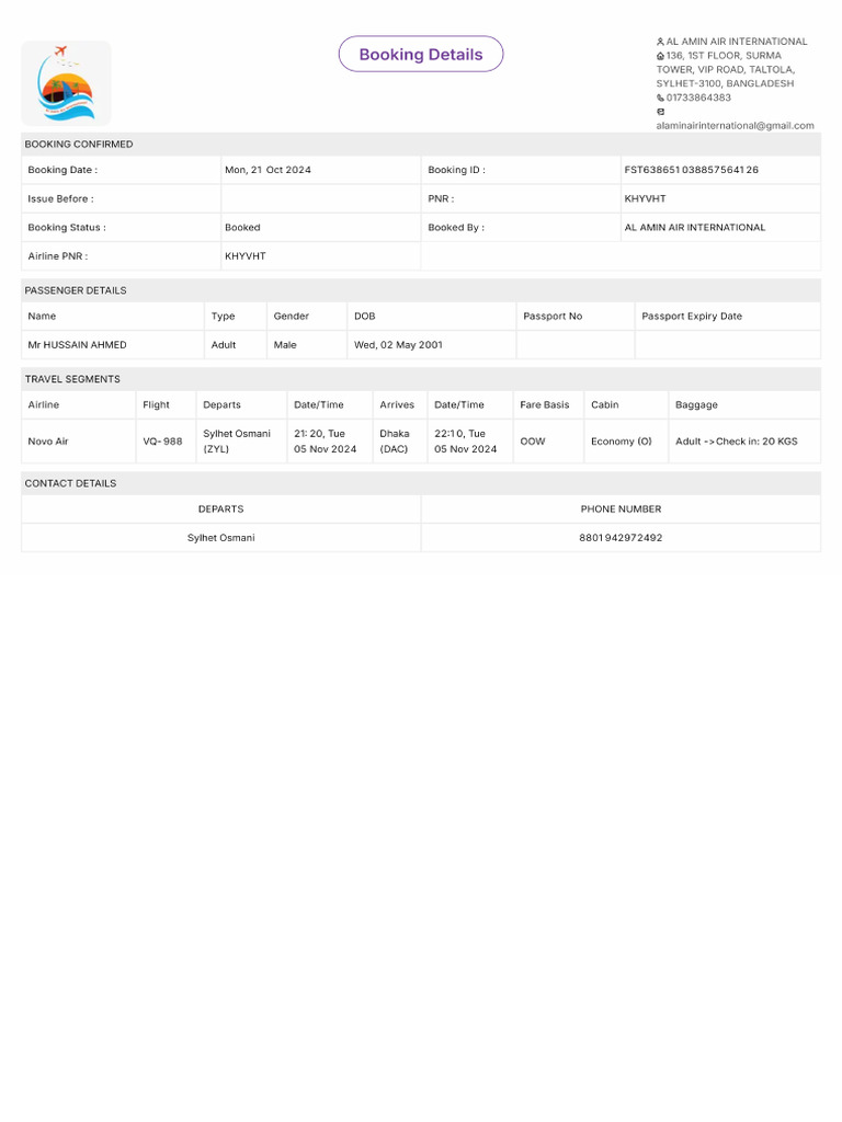 Booking - AL AMIN AIR INTERNATIONAL | PDF