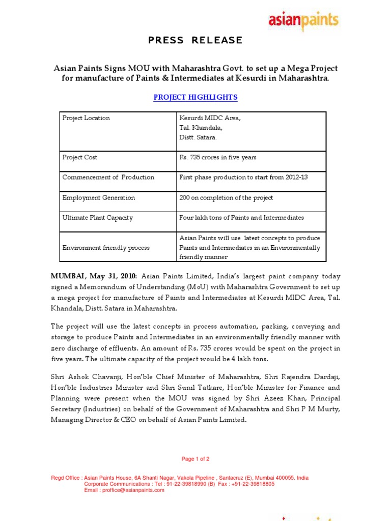 Asian Paints MOU for Satara Mega Project | PDF | Economies | Economy ...