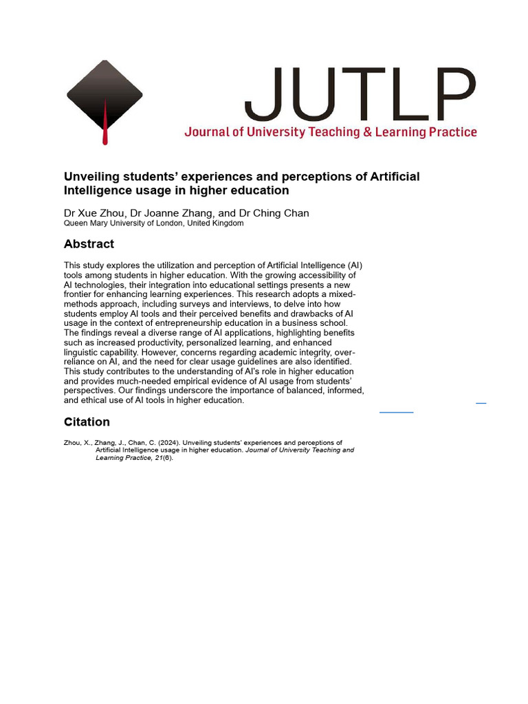Unveiling Students' Experiences and Perceptions of Artificial Intelligence Usage in Higher ...