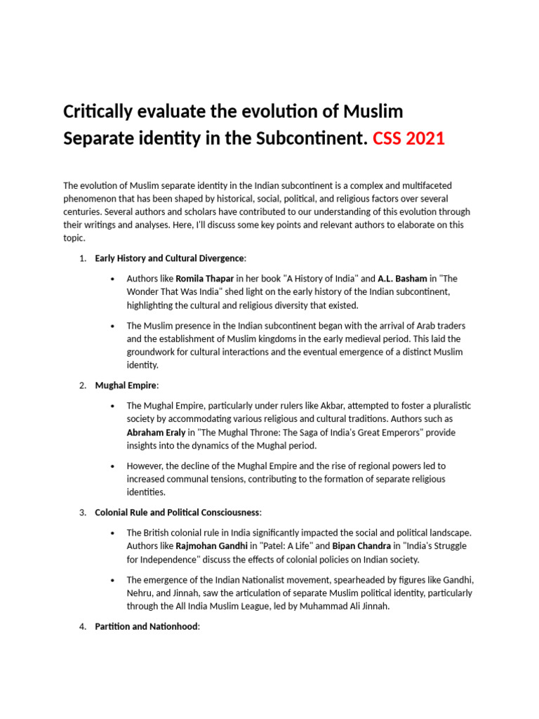 Critically Evaluate The Evolution of Muslim Separate Identity in The ...
